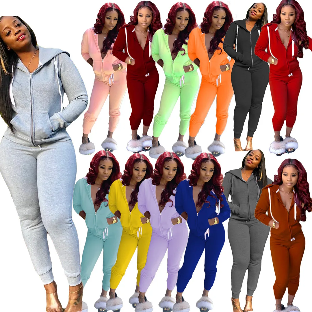 2 Pieces Set Women 2021 Fall Hot Style Europe women's Pure Color Fleece ...