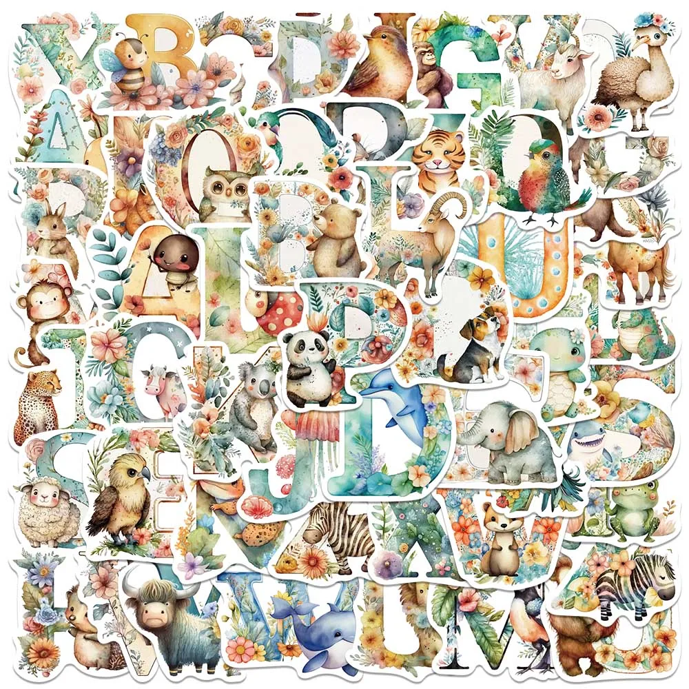 52pcs-Cute-Cartoon-Animals-Alphabet-Stickers-For-Laptop-Water-Bottle ...