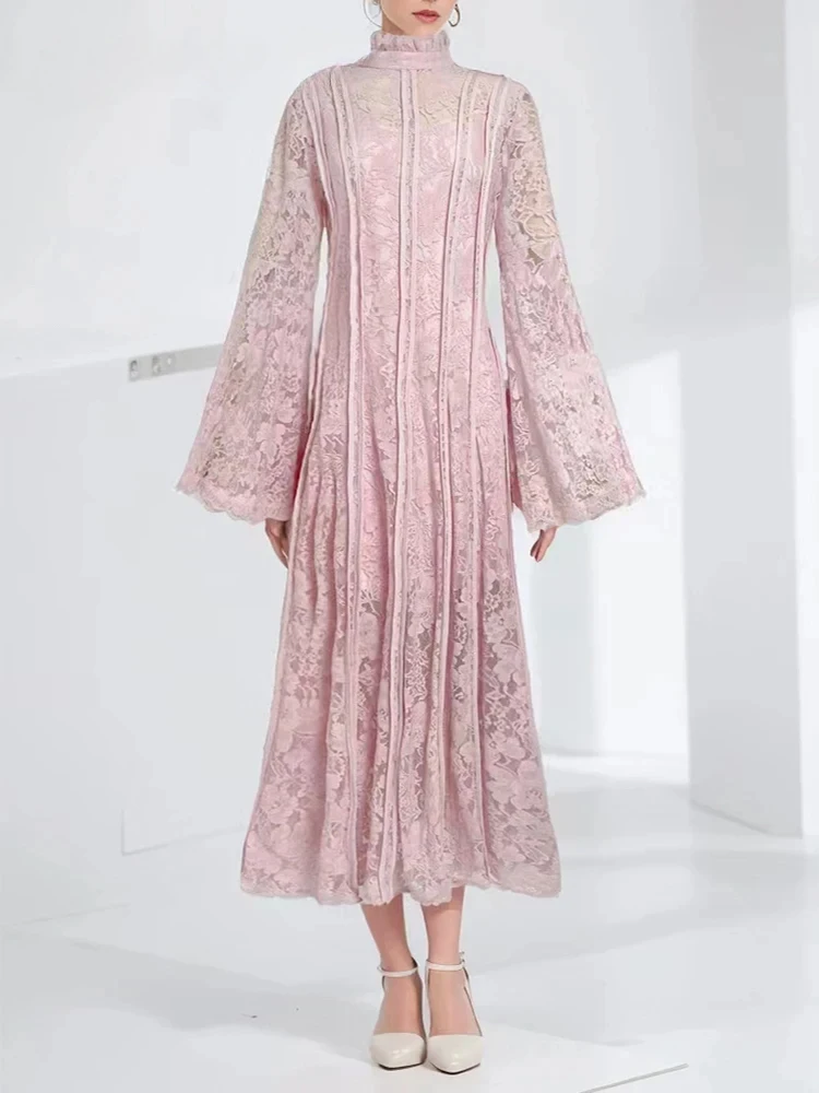 Temperament Dresses For Women Stand Collar Flare Sleeve Patchwork Lace