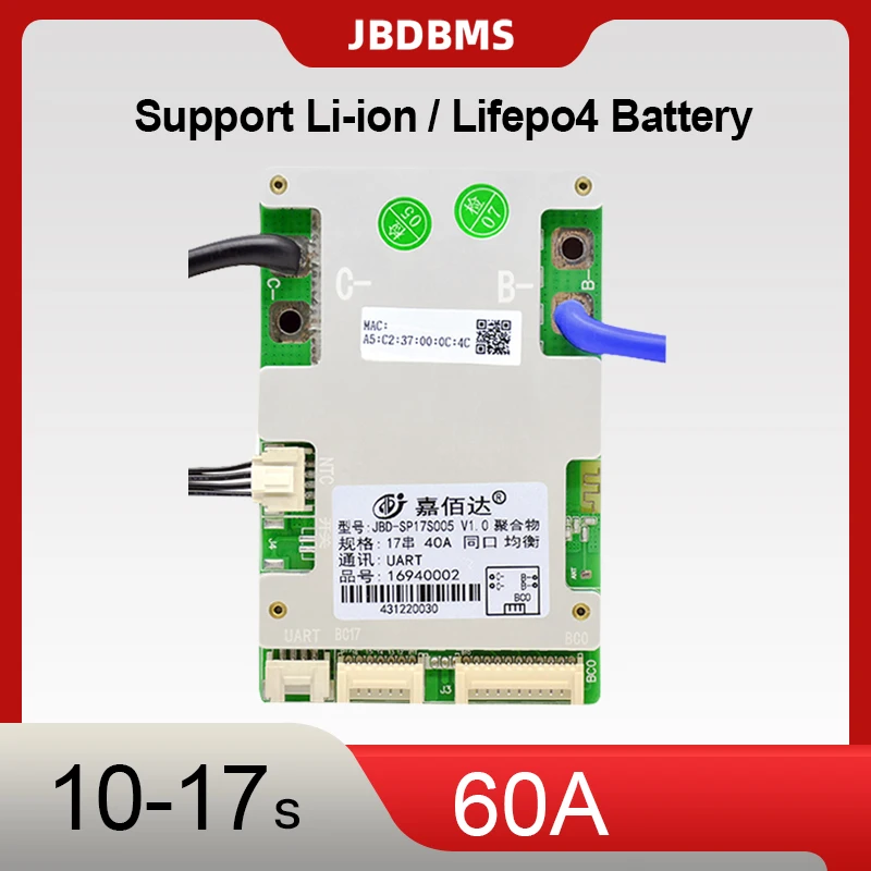 JBD11S 12S 13S 14S 15S 16S 17S Smart BMS 60A 36-60V BMS with UART for ...