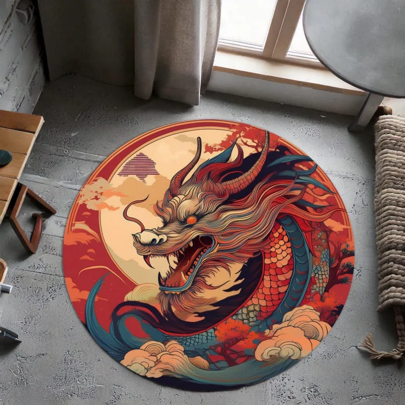 Red Gold Dragon Print Round Rug - Asian Oriental Loong Pattern Carpet ...