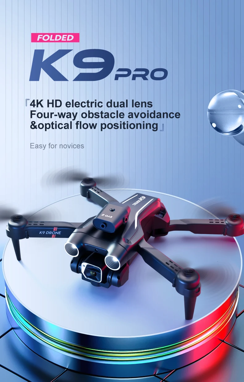 K9-Gris-4K2B - Drone K9 Pro 4K HD professionnel, Double caméra, Grand Angle, Flux optique ...