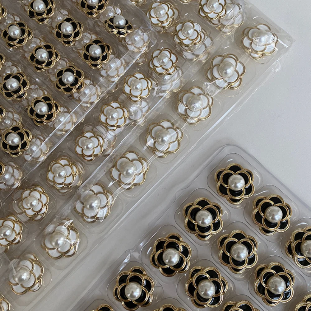 10 Stuks Camellia Metalen Knopen Zwart Wit Stippen Olie Parel Knopen ...