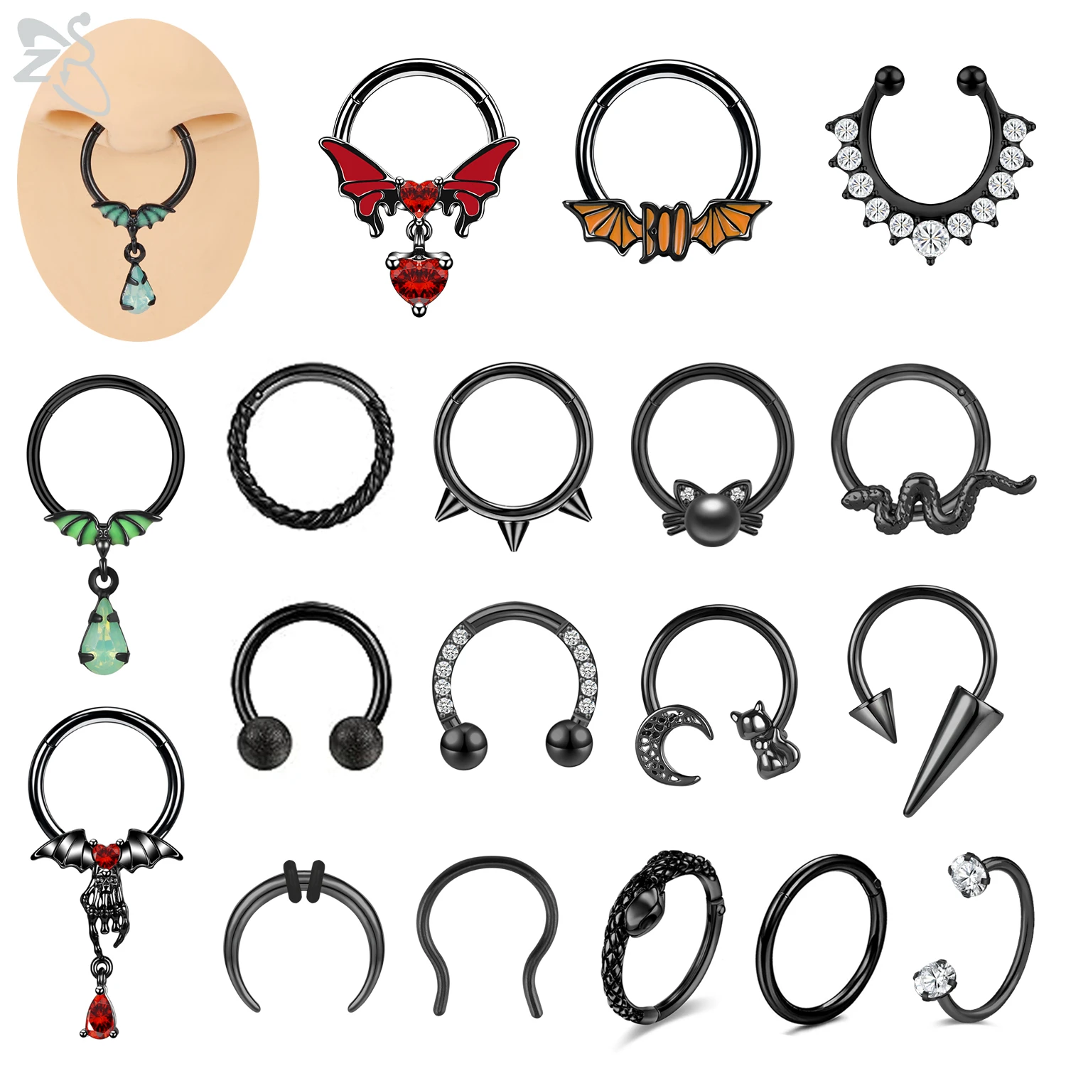 ZS-1-PC-Black-Color-Stainless-Steel-Nose-Ring-Men-Punk-Bat-Spike-Septum ...