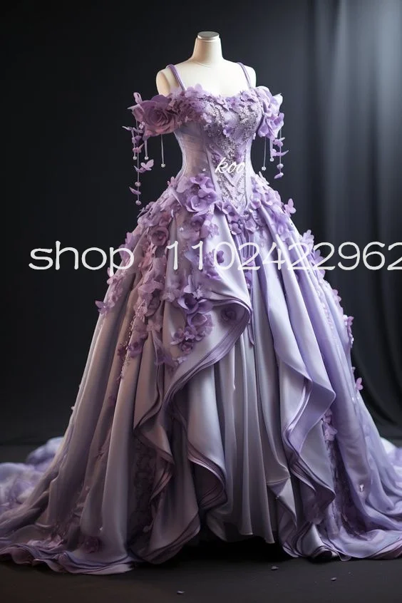 Lilac-Lavender-Princess-Fairy-Prom-Dresses-Handmade-3D-Floral-Off ...
