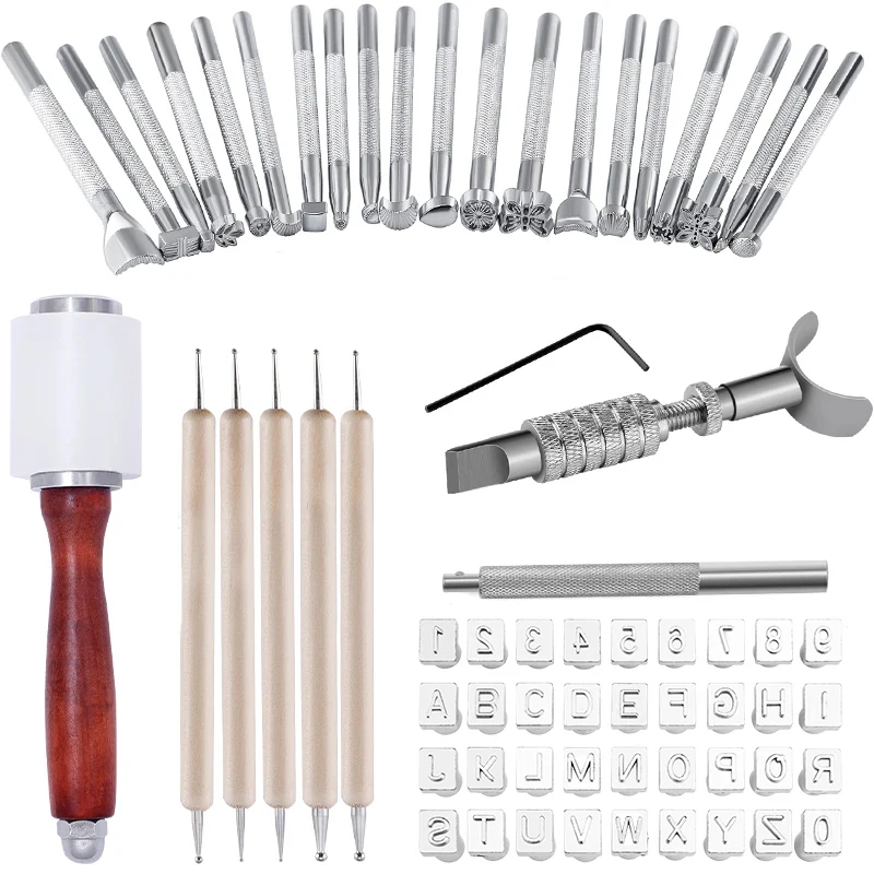 Leather-Embossing-Tools-Kit-with-Leather-Stamping-Carving-Punch-Wooden ...