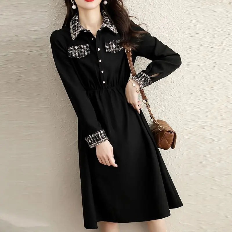 Commute Plaid Spliced Midi Dress Spring Autumn Basic Long Sleeve Women ...