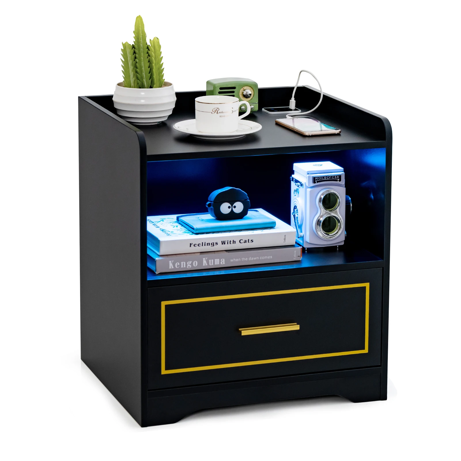 Bedside table with LED light, USB port and Type-C charging station ...