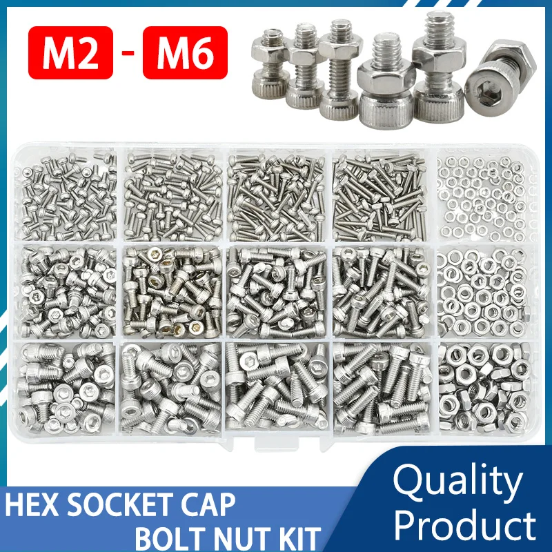 M2-M3-M4-M5-M6-Nuts-Bolts-Set-304-Stainless-Steel-Metric-Threaded-Hex ...
