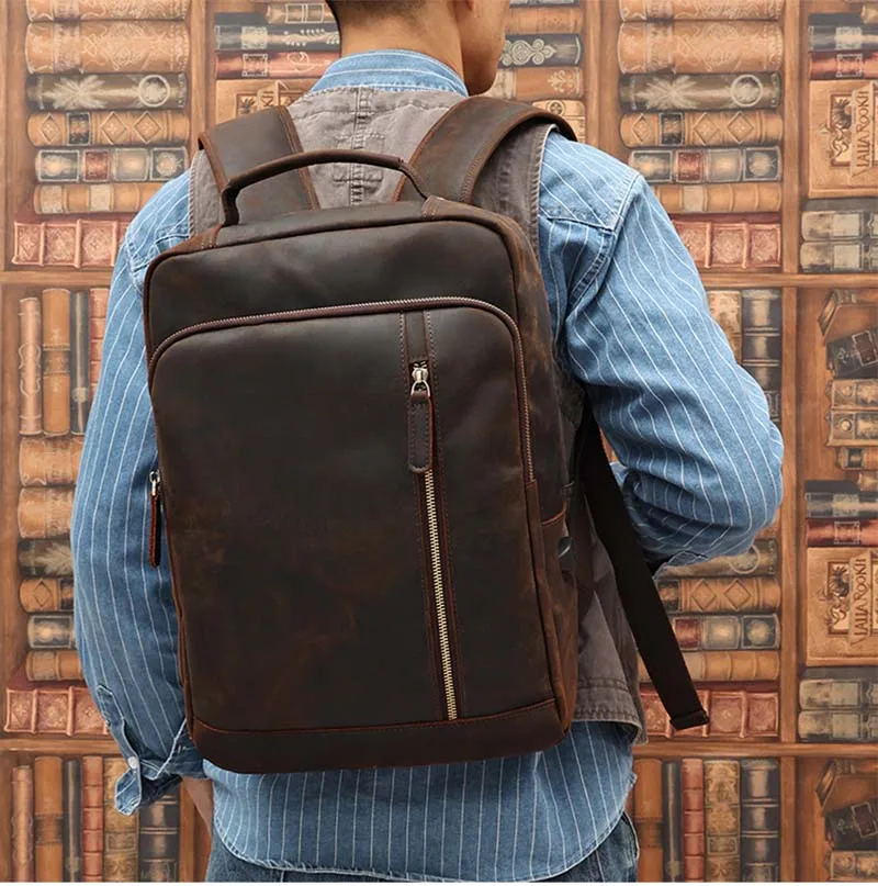 Top layer Genuine Leather Men's Backpack Fit 15.6" Laptop Man Business ...