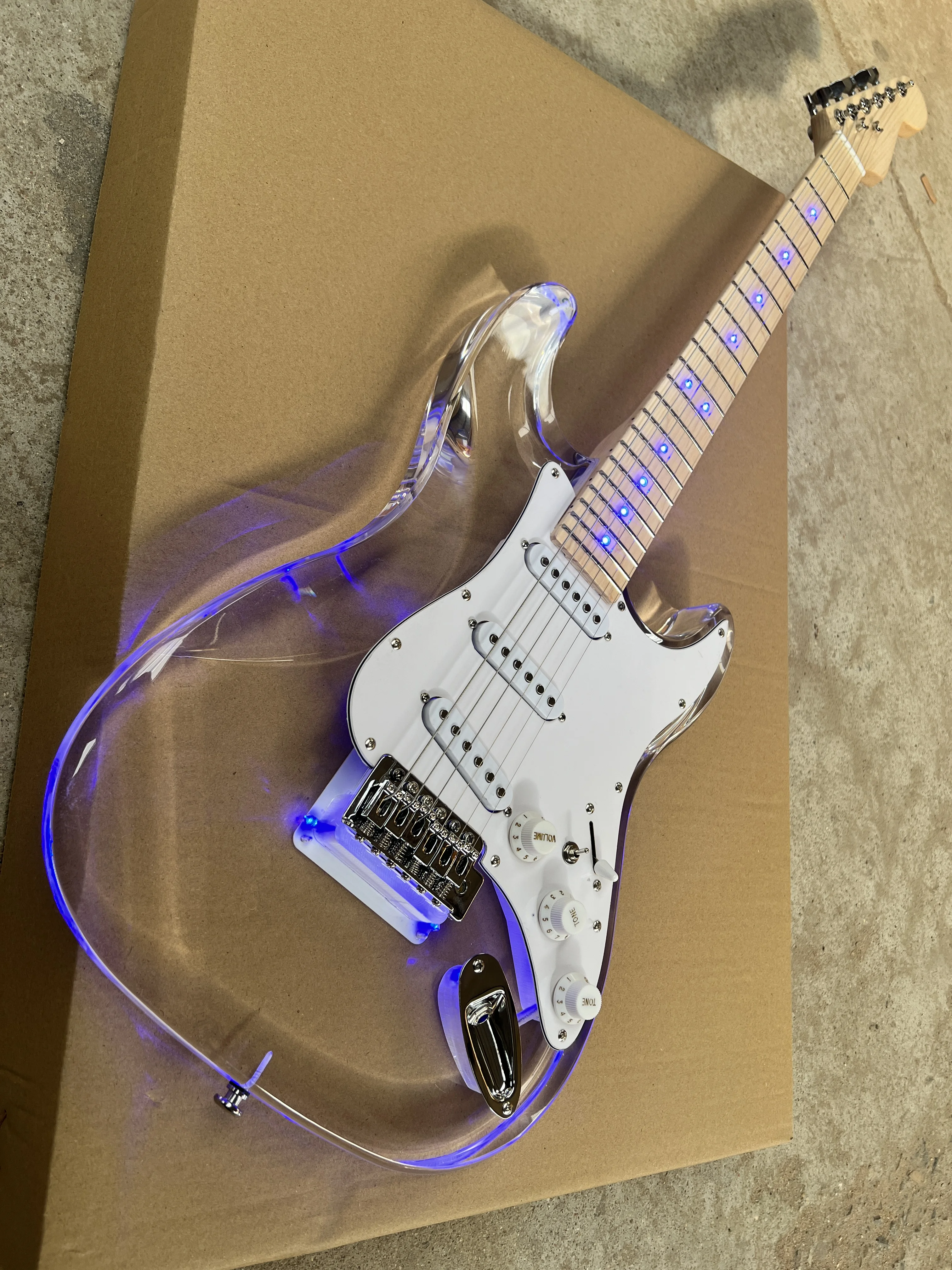 Acrylic-clear-crystal-Plexiglas-6-string-electric-guitar-Blue-LED ...
