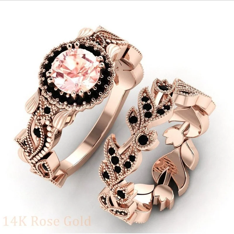 2 Pieces/set Exquisite Rose Gold Color Black Zircon Ring Vintage Flower ...