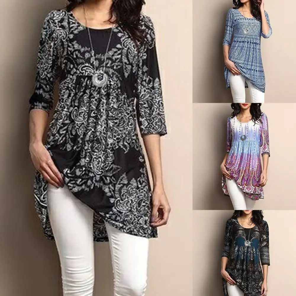 Women-Blouse-Digital-Print-Large-Hem-3-4-Sleeve-T-shirt-Women-s ...