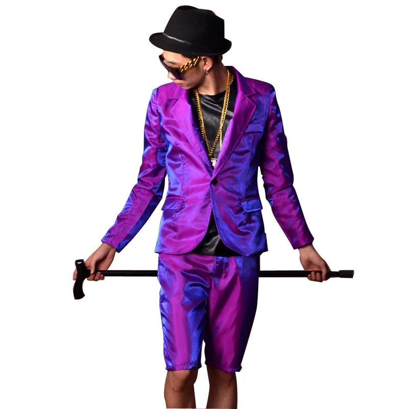 Men Shine Casual Suits Sets (jacket+shorts) Male Hip Hop Slim Fit ...