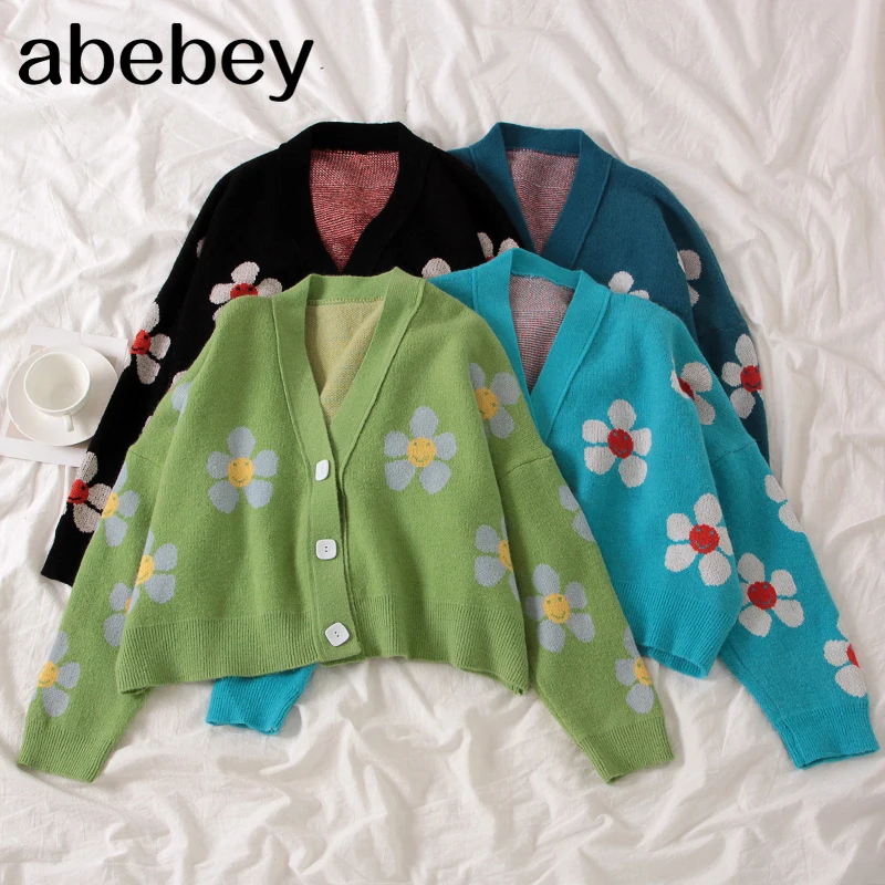 Preppy Style Flower Knit Cardigans Sweater Women V Neck Loose Elegaht ...
