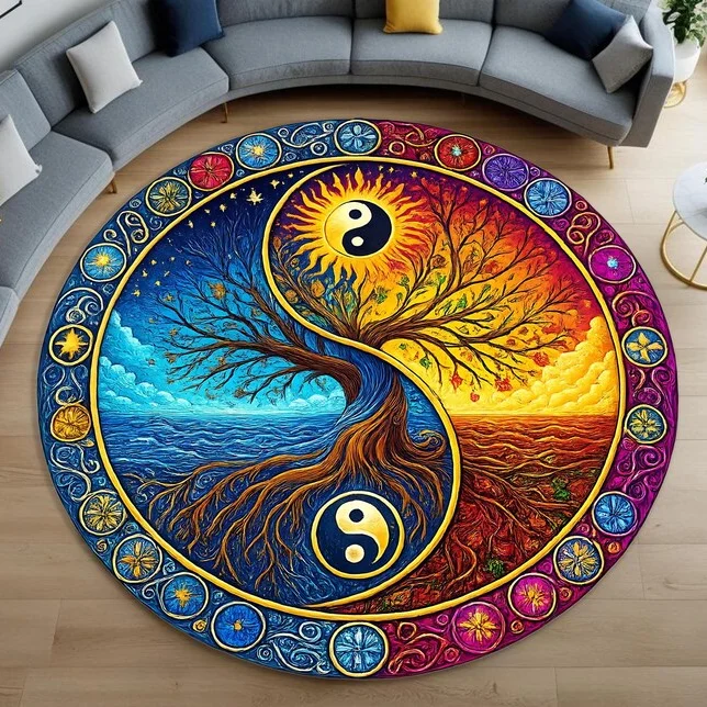 Yin Yang Tree of Life Round Rug, Psychedelic Round Carpet with Day and ...