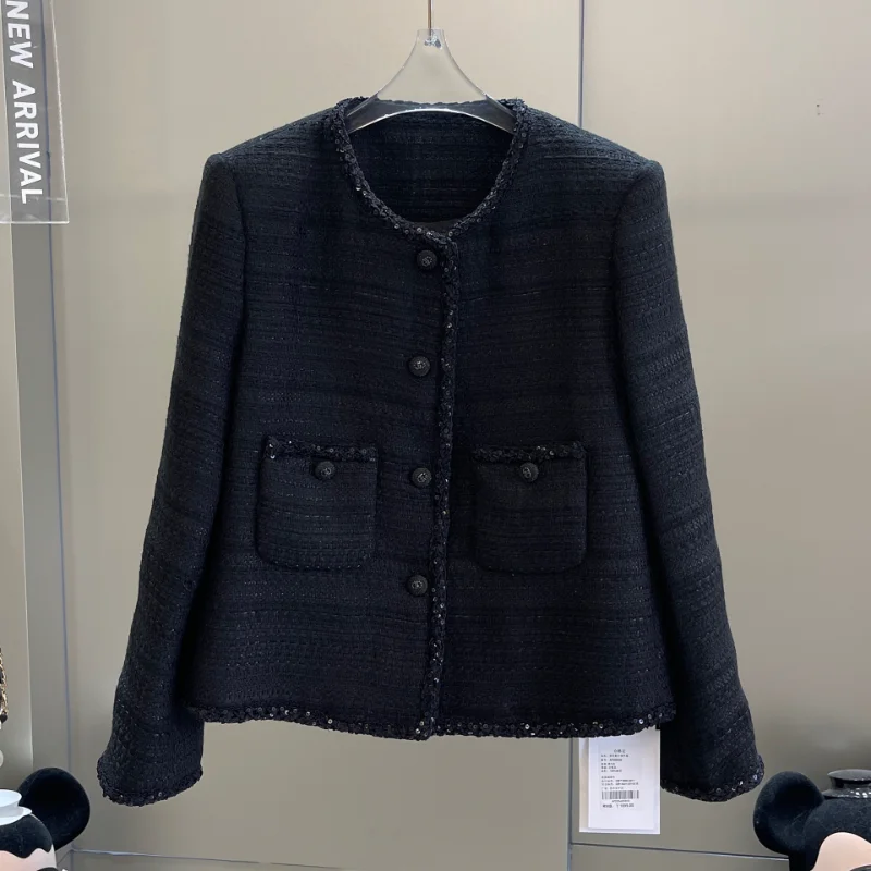 Chaqueta-de-Tweed-de-manga-larga-para-mujer-abrigo-negro-de-lujo ...