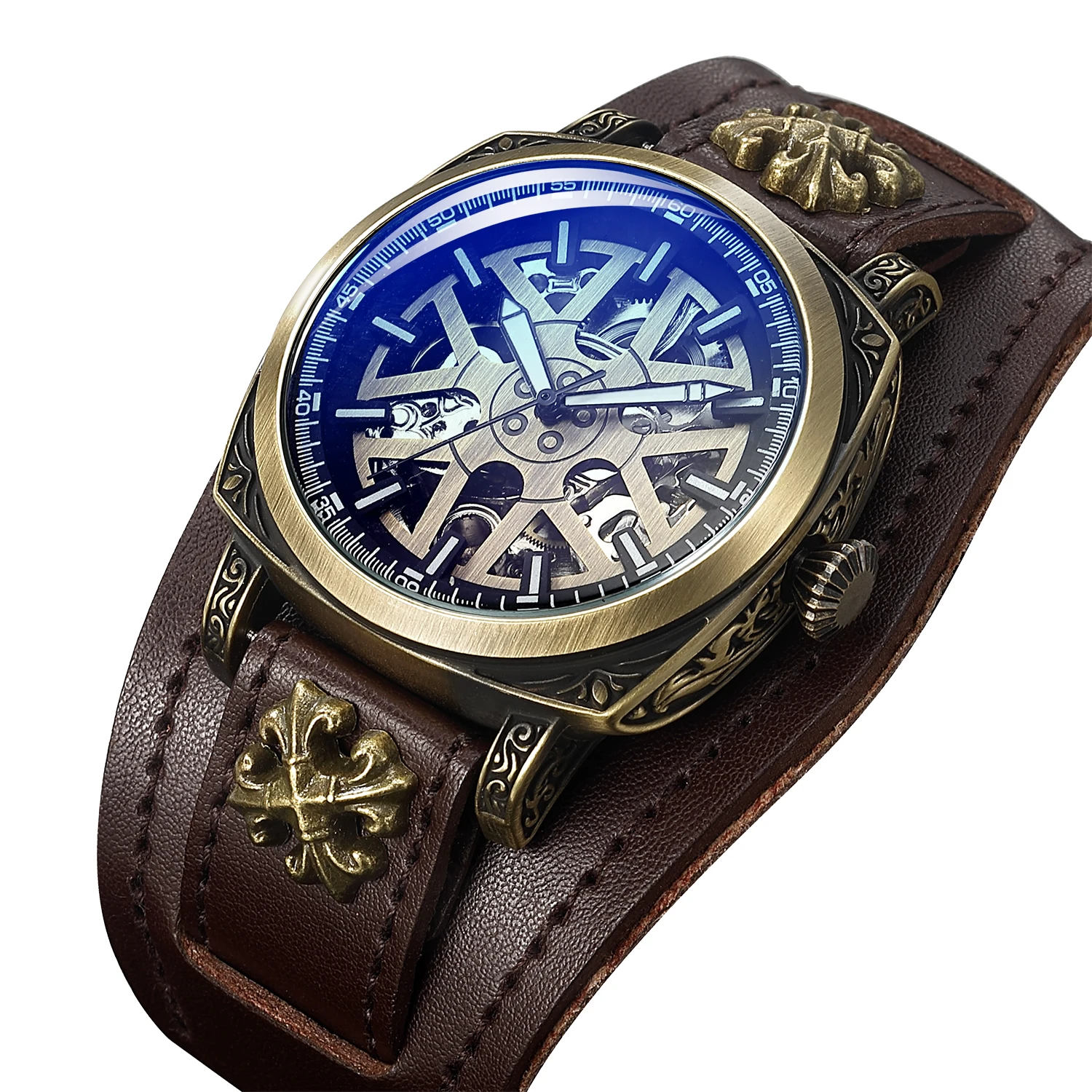 Men Mechanical Wrist Watch With Black Leather Strap Luxury Fashion ...