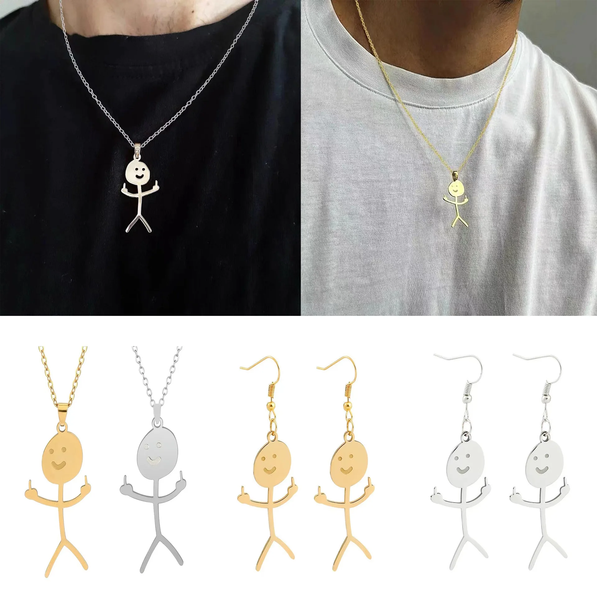 Titanium-Steel-Fuxk-You-Doodle-Pendant-Necklace-Earrings-for-Women-Men ...