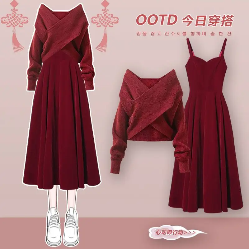 Women-Dress-Set-Spring-Autumn-Fashion-Long-Sleeve-Knitted-Tops-Red ...