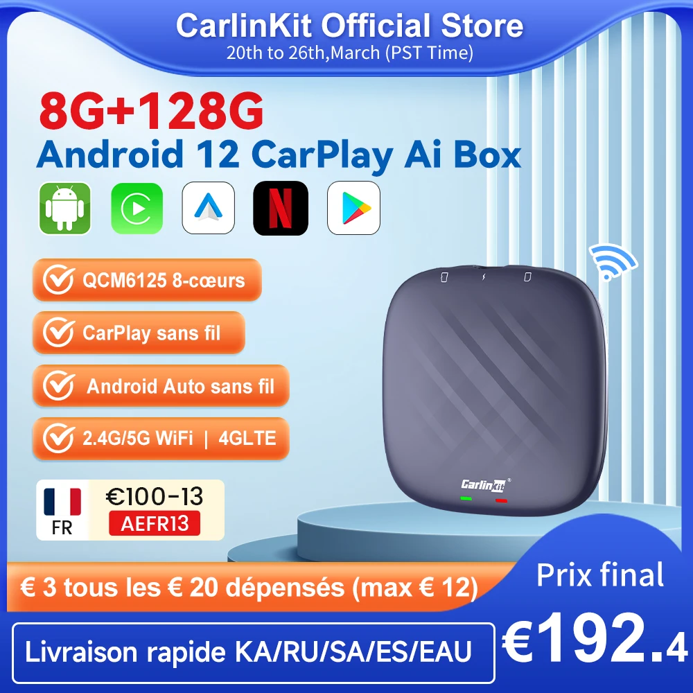 CarlinKit – boîtier CarPlay Ai, Android 12, 8 go/128 go, wifi, lecteur ...
