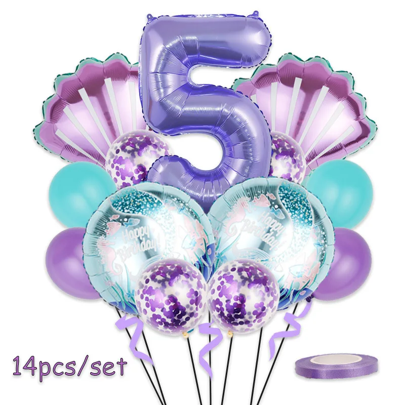 Mermaid Birthday Balloons Set 32inch Purple Number Shell Foil Ballon ...