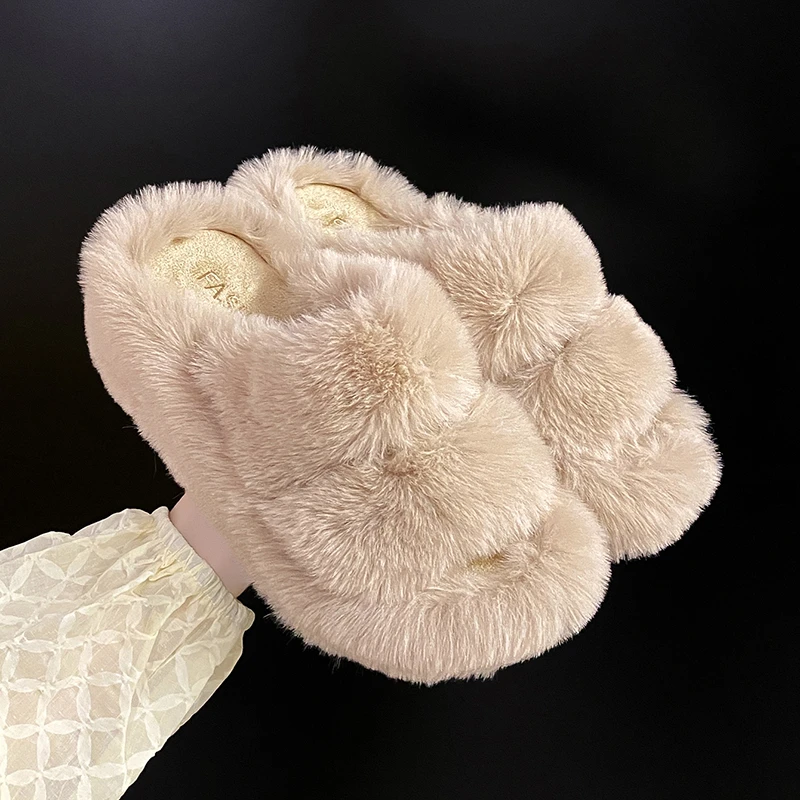 2024-Autumn-Winter-New-6CM-Thick-Sole-Cross-Fur-Slippers-for-Women-to ...