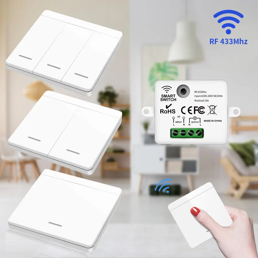 Wireless Light Switch RF 433MHz Remote Control 1/2/3Gang Interruptor ...