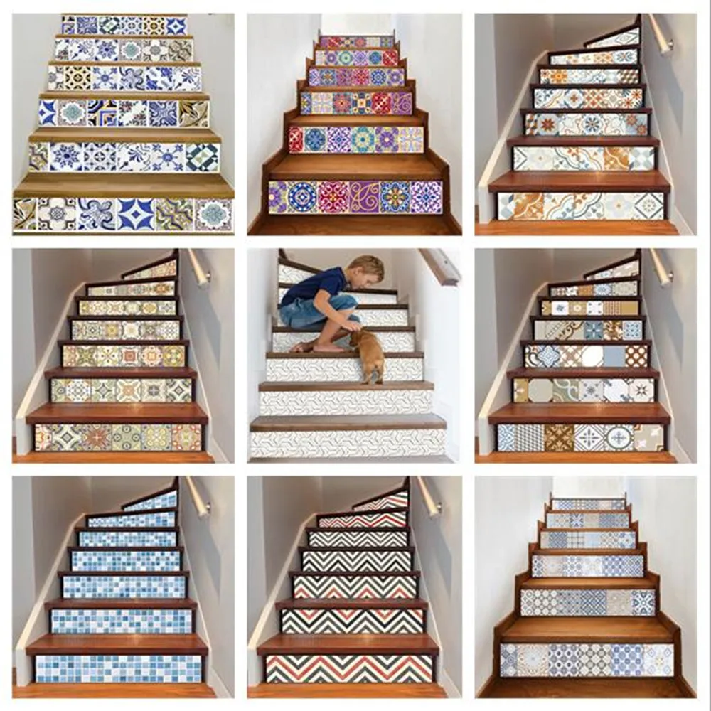 6pc/13pc Retro Abstract Stair Stickers Home Decor Waterproof Diy Self ...