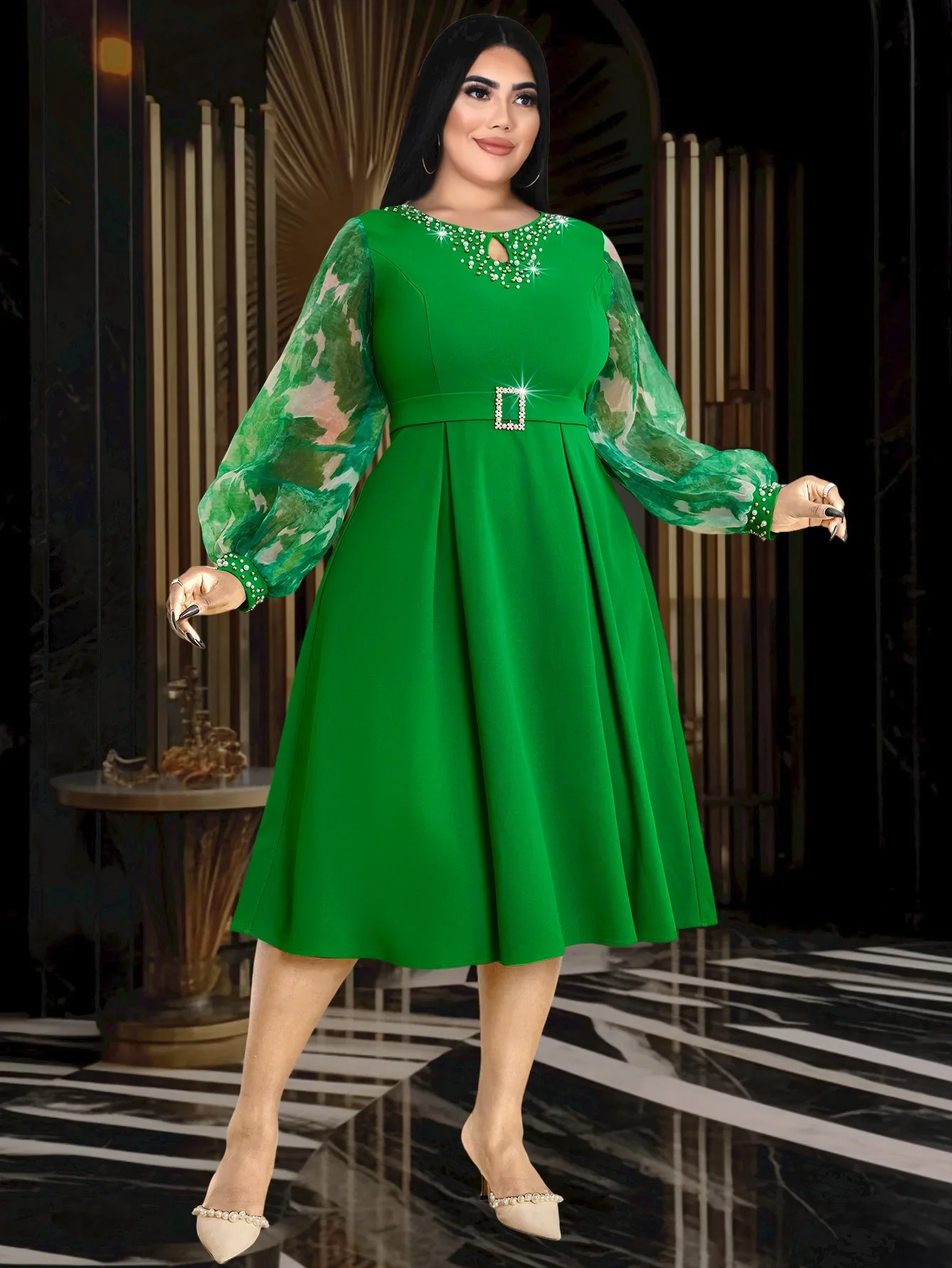 Green Elegant A-Line Dress For Women O Neck Beading Printed Long Puff ...