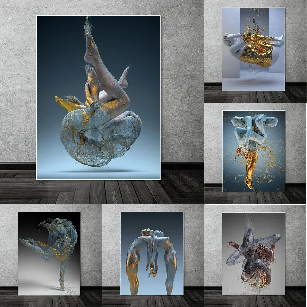 Abstract-Metal-Figure-Statue-Canvas-Painting-Poster-and-Prints-Golden ...