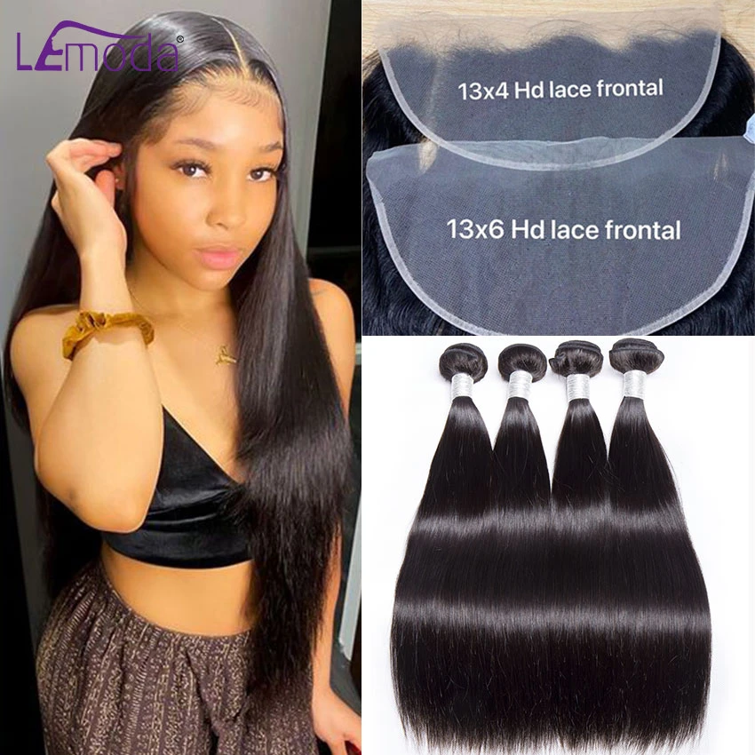 Straight Bundles With 6x6 5x5 Hd Transparent Lace Frontal Closure With 3/4 Bundles Brazilian ...