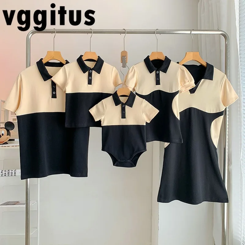 Summer Family of Five Short Sleeves Patchwork Polo T-shirt Dress Mum ...