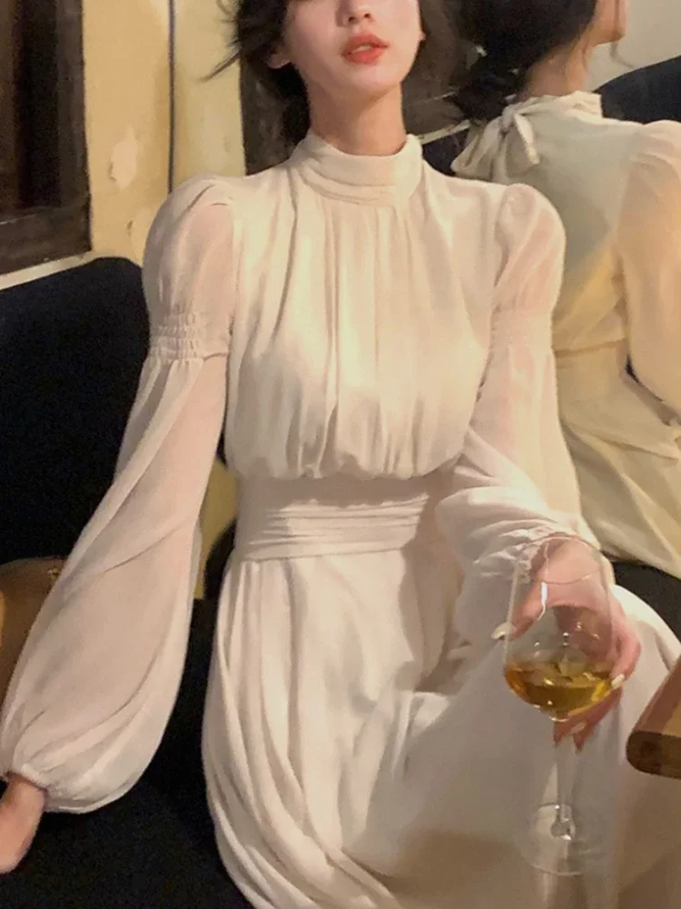 Vestido-Midi-de-fiesta-Vintage-para-mujer-vestido-blanco-liso-manga ...