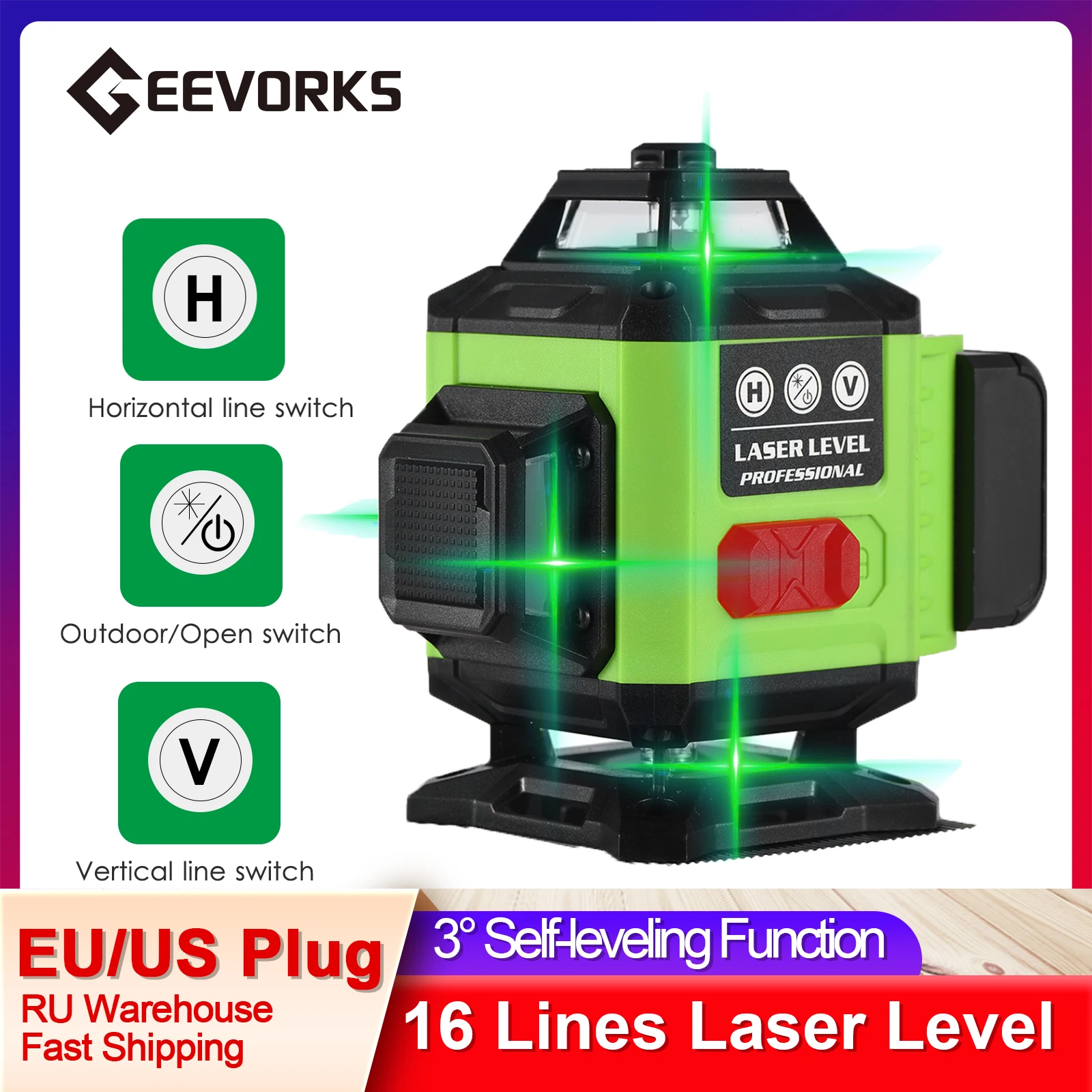16 Lines 4d Laser Level Green Line 3° Self-leveling Leveling Tool Green ...