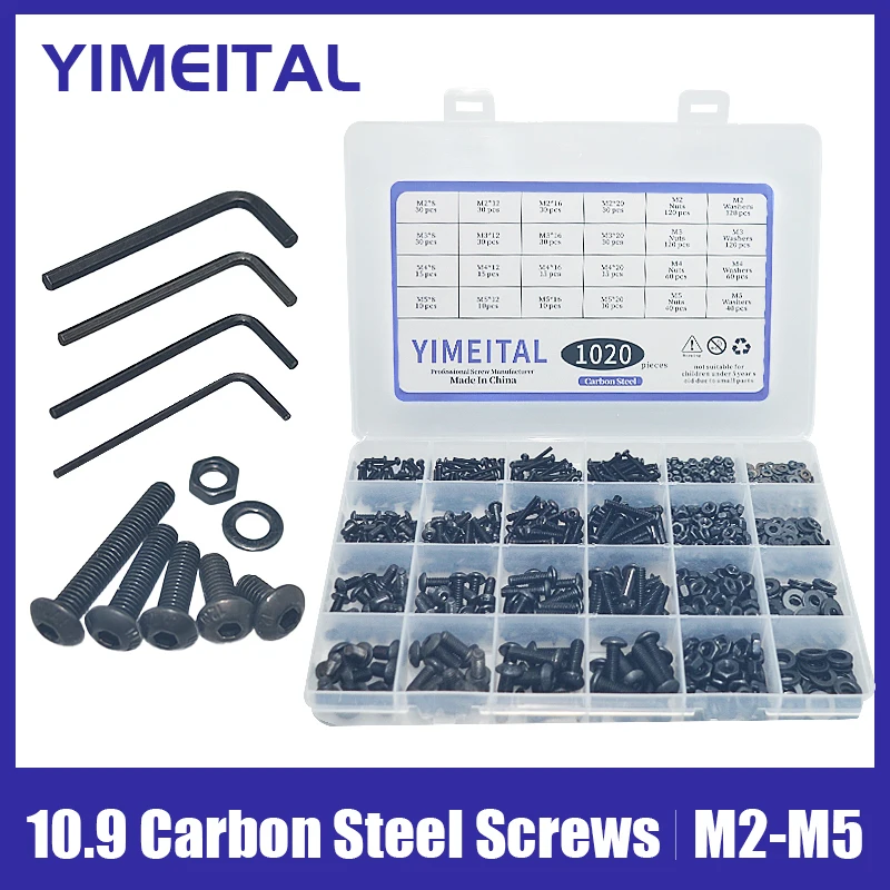 1020pcs M2 M3 M4 M5 Screw Set 10.9 Black Carbon Steel Hexagon Hex ...