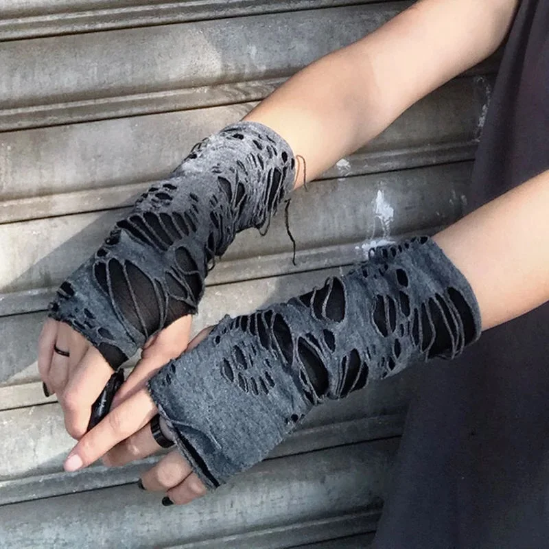 Punk Broken Slit Goth Unisex Gloves Emo Fingerless Cuff Ninja Sport ...