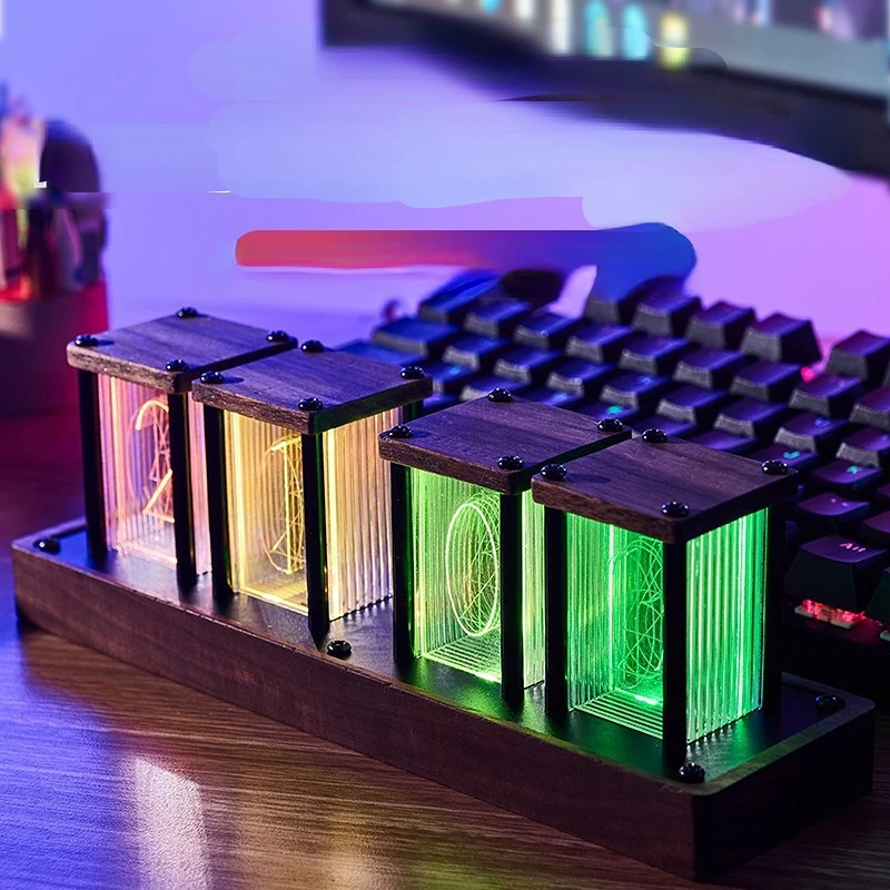 Cyberpunk-Style-Table-Nixie-Tube-Clock-RGB-Glow-Tube-Clock-Walnut-Wood ...