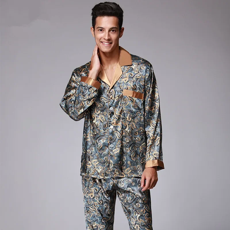 New Luxury Pajamas Men Paisley Pattern Sleepwear Silk Long-sleeved ...