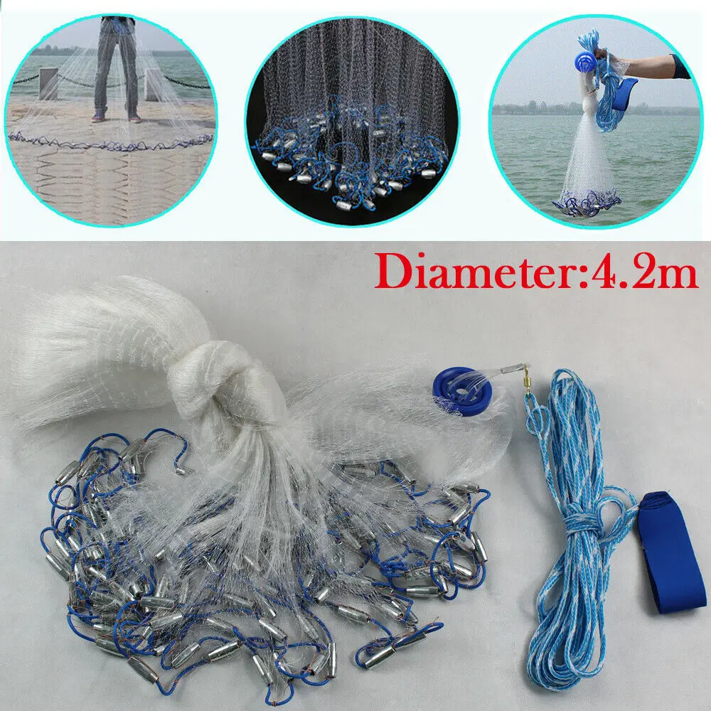 14ft Hand Cast Fishing Net Add diffuser Bait Dense Mesh Netting Hollow ...