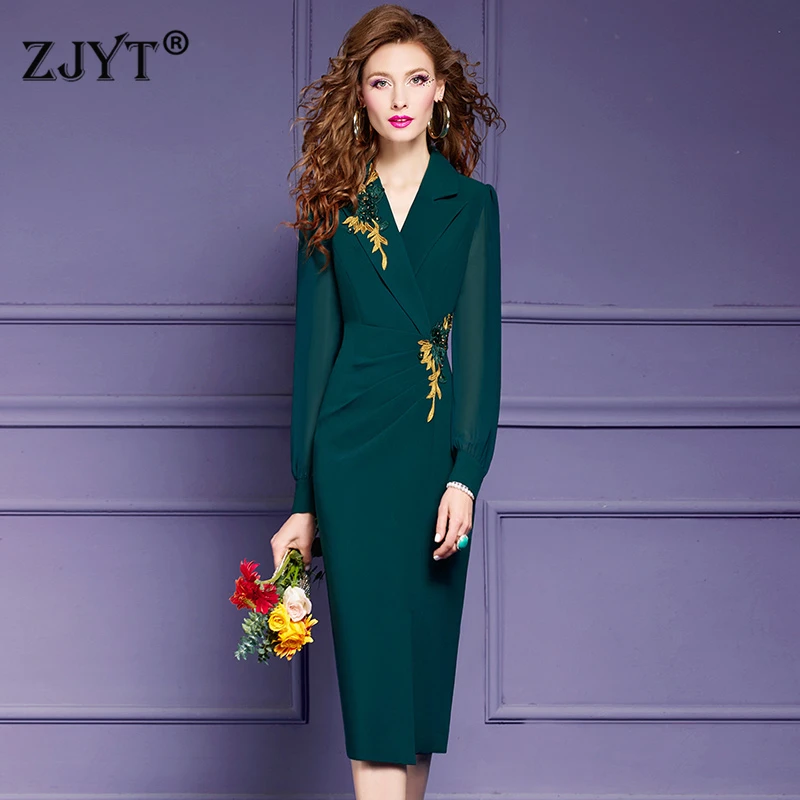 ZJYT-Spring-Office-Lady-Pencil-Dress-Long-Sleeve-Beading-Embroidery ...