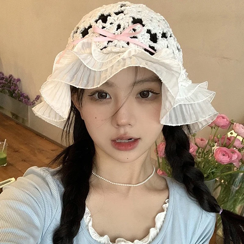 Korean-Style-Ins-Cute-Bow-Lace-Hollow-Knitted-Women-s-Caps-Spring ...