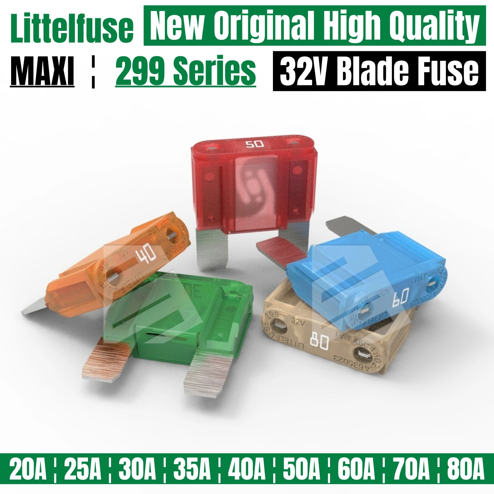 Littelfuse MAXI 퓨즈 32V 대형 블레이드 퓨즈 20A 25A 30A 35A 40A 50A 60A 70A 80A ...