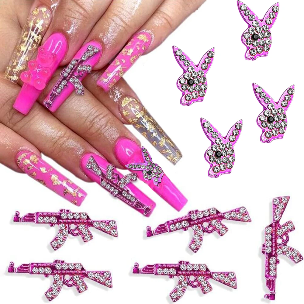 10pcs 3D Pink Gun Nail Charms,Luxury Diamond Alloy Rabbit Nail Charm AK ...