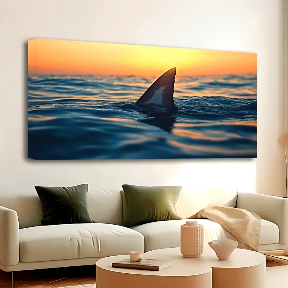 1.5 inch thick pine frame, shark fin water ocean poster, canvas print ...