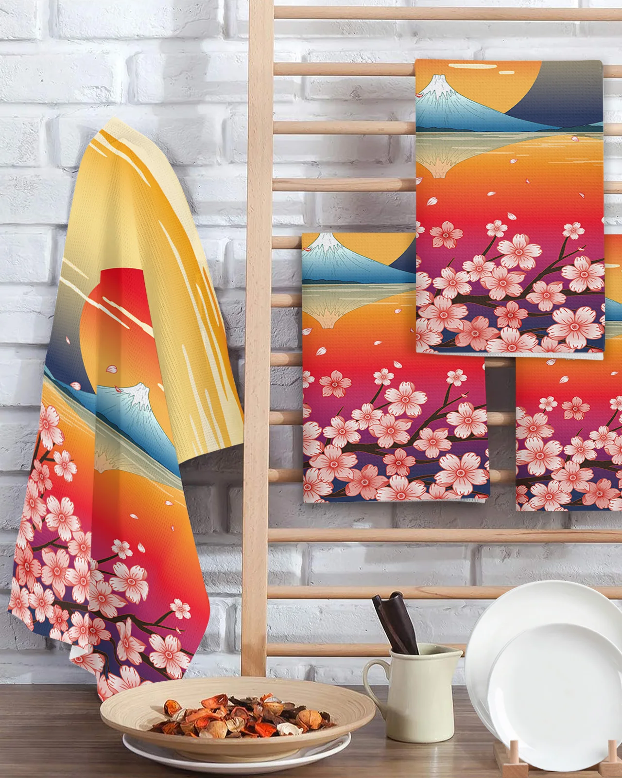 Japanese-Style-Mt-Fuji-Cherry-Blossom-Sunset-Tea-Towels-Absorption-Walf ...