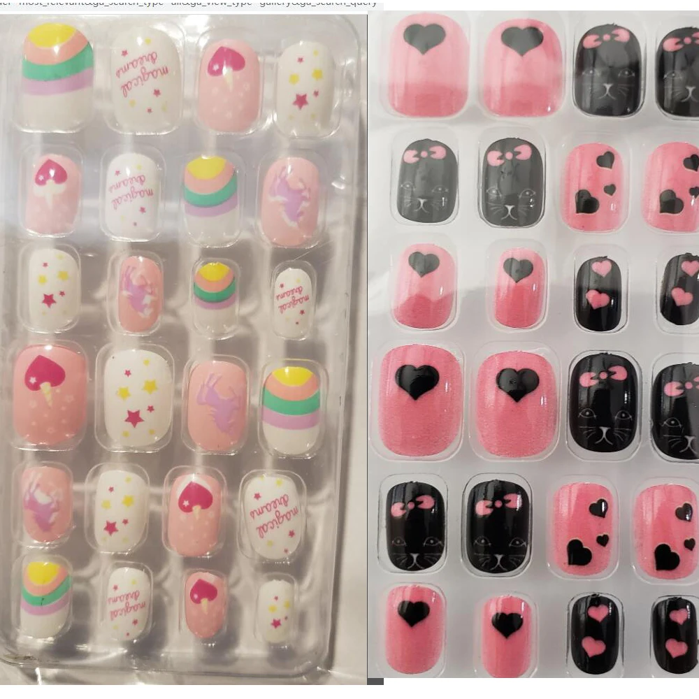 24PCS-Box-Candy-False-Nail-Tips-Children-Cartoon-Full-Cover-Kid-Glue ...