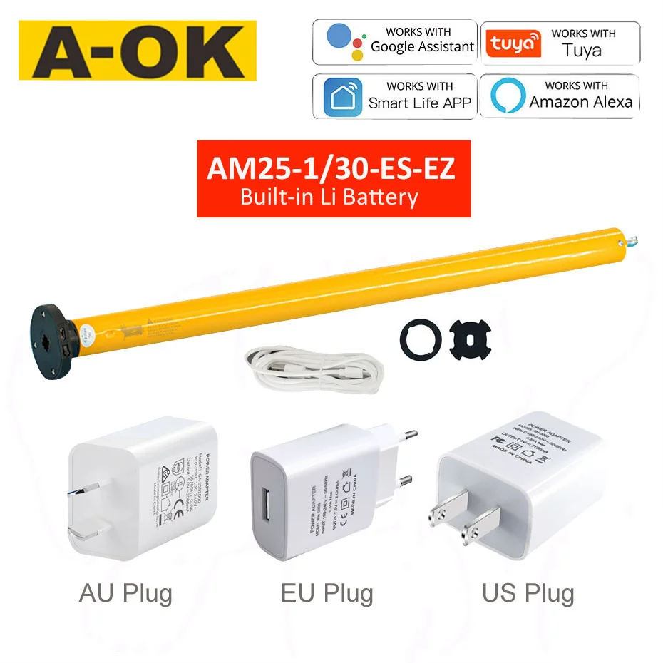 A-OK AM25 Tuya Zigbee RF433 Smart DC Tubular Motor Li Battery for Roller Blind Shutter 38mm Tube ...