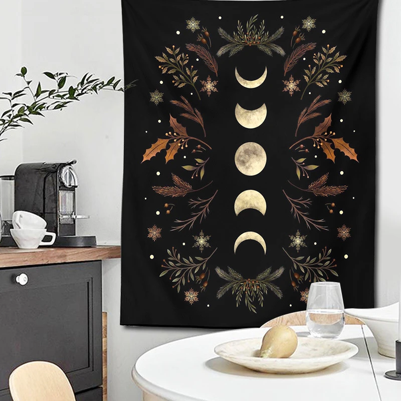 Psychedelic Moon Starry Tapestry | Moon Phases Wall Hanging Black ...