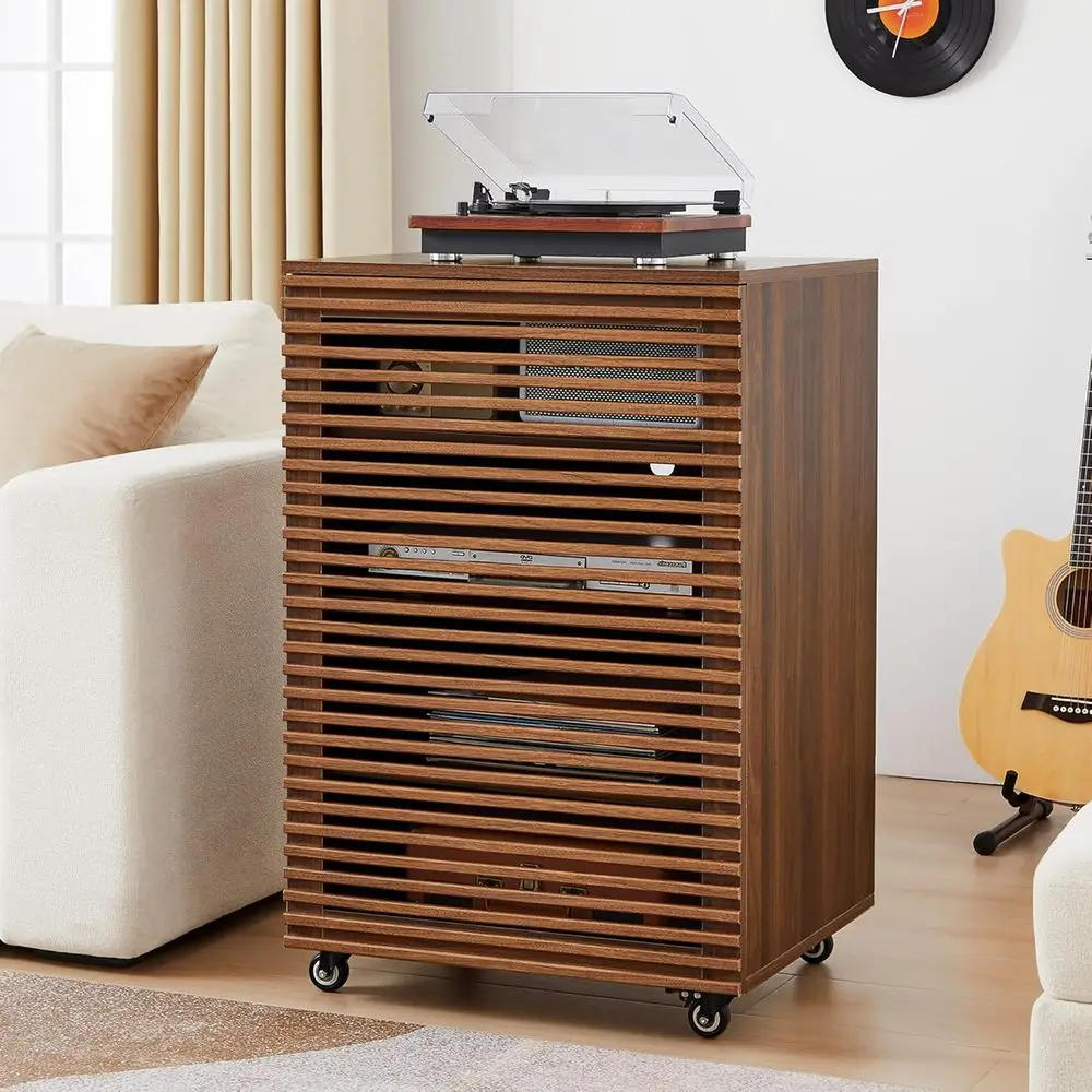 5-Tier Walnut AV Cabinet with Grille, Adjustable Shelves, Cable ...